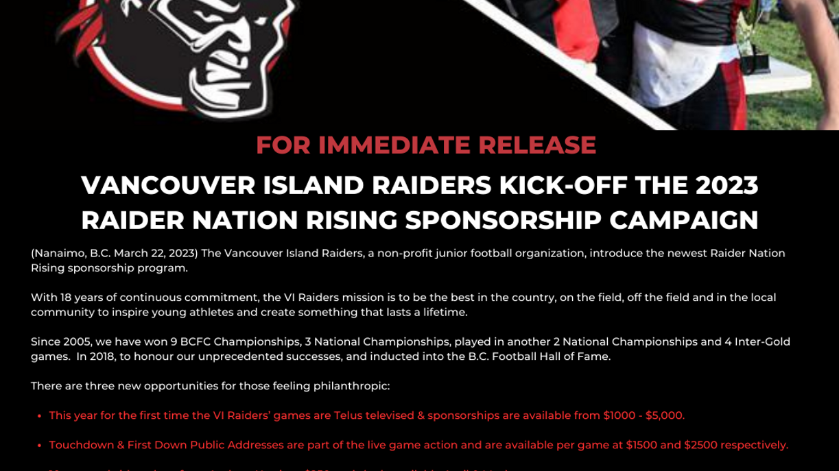 News: Vancouver Island Raiders Kick-Off the 2023 Raider Nation Rising ...