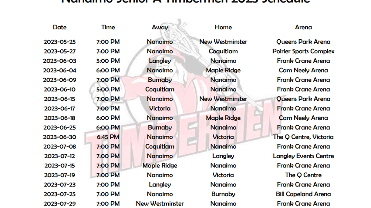 News: Timbermen 2023 Schedule Released - Nanaimo SR "A" Timbermen